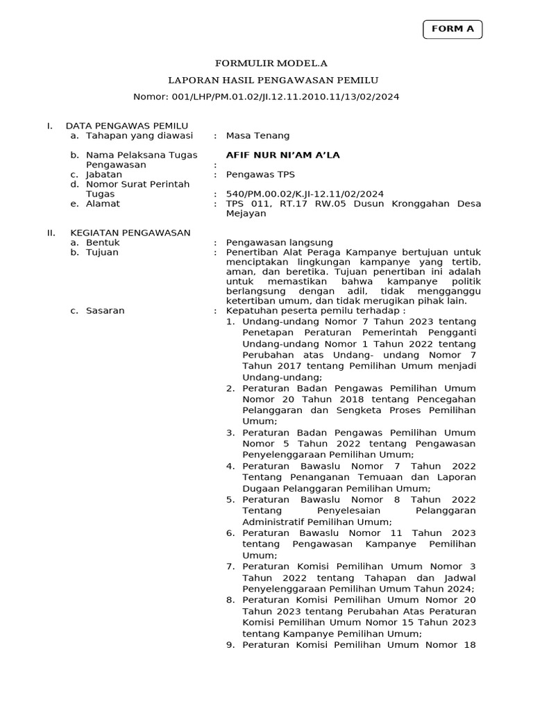 Form A Masa Tenang | PDF