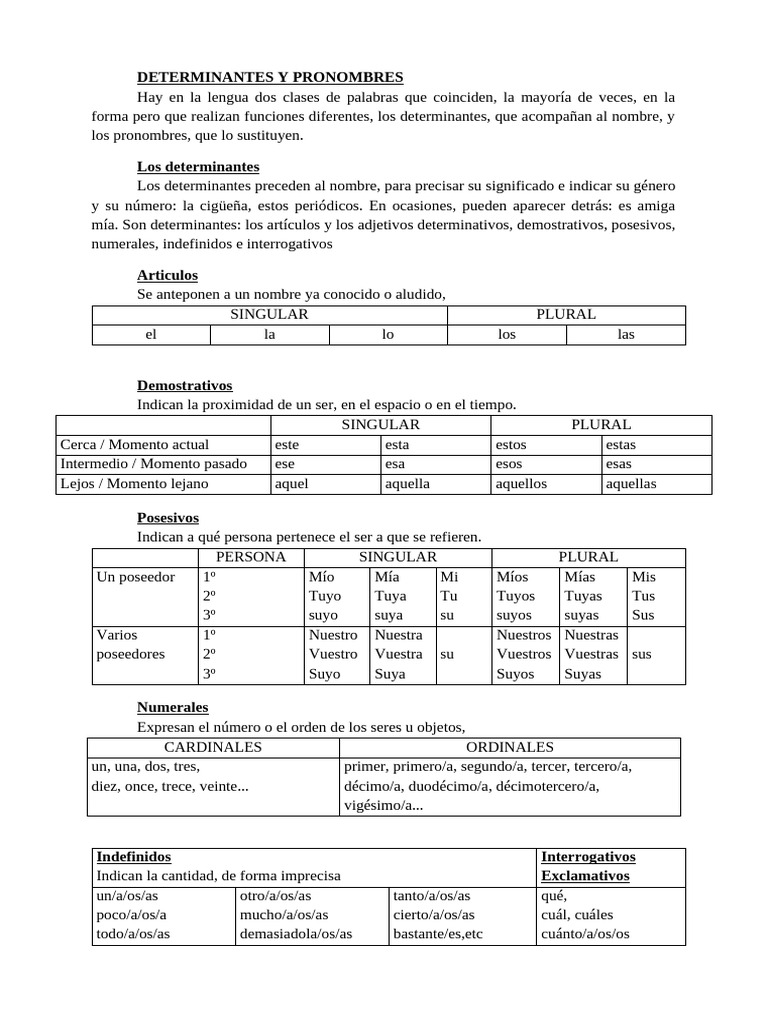Determinantes y Pronombres. Teoría y Ejercicios 3ºESO | PDF