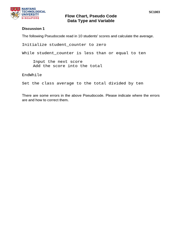 Week 3 (Discussion #2) Q-Flow Chart, Pseudo Code, Data Type and Variable | PDF