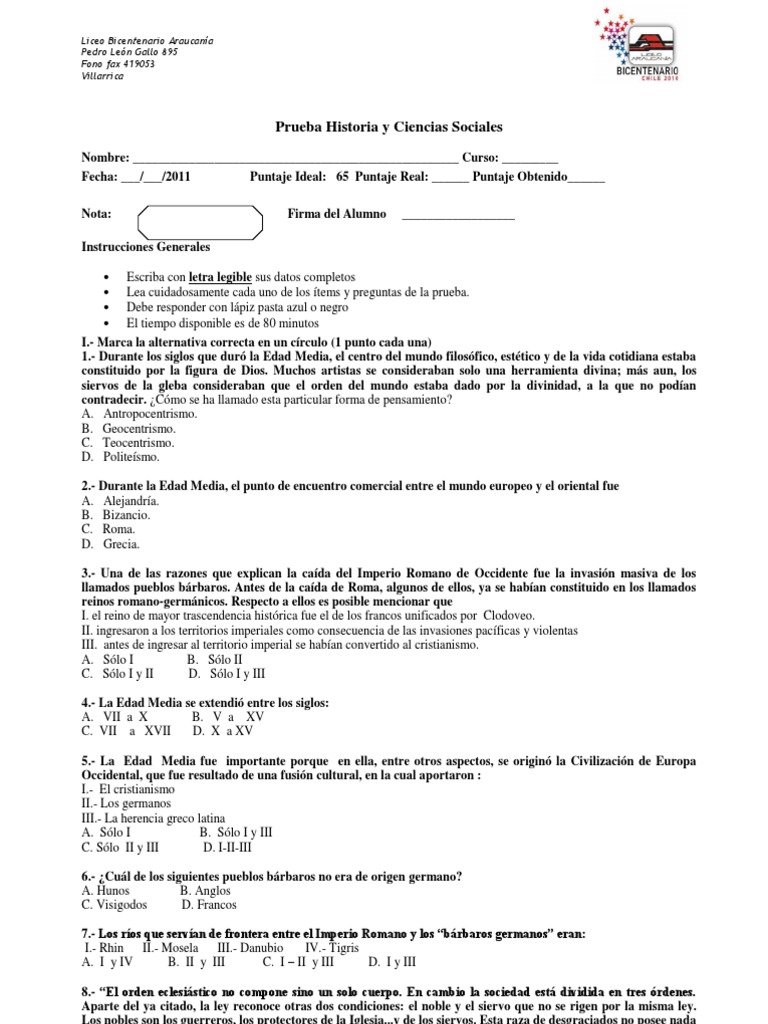 7 Mo Prueba Historia y Ciencias Sociales | PDF | Baja Edad Media | Carlomagno