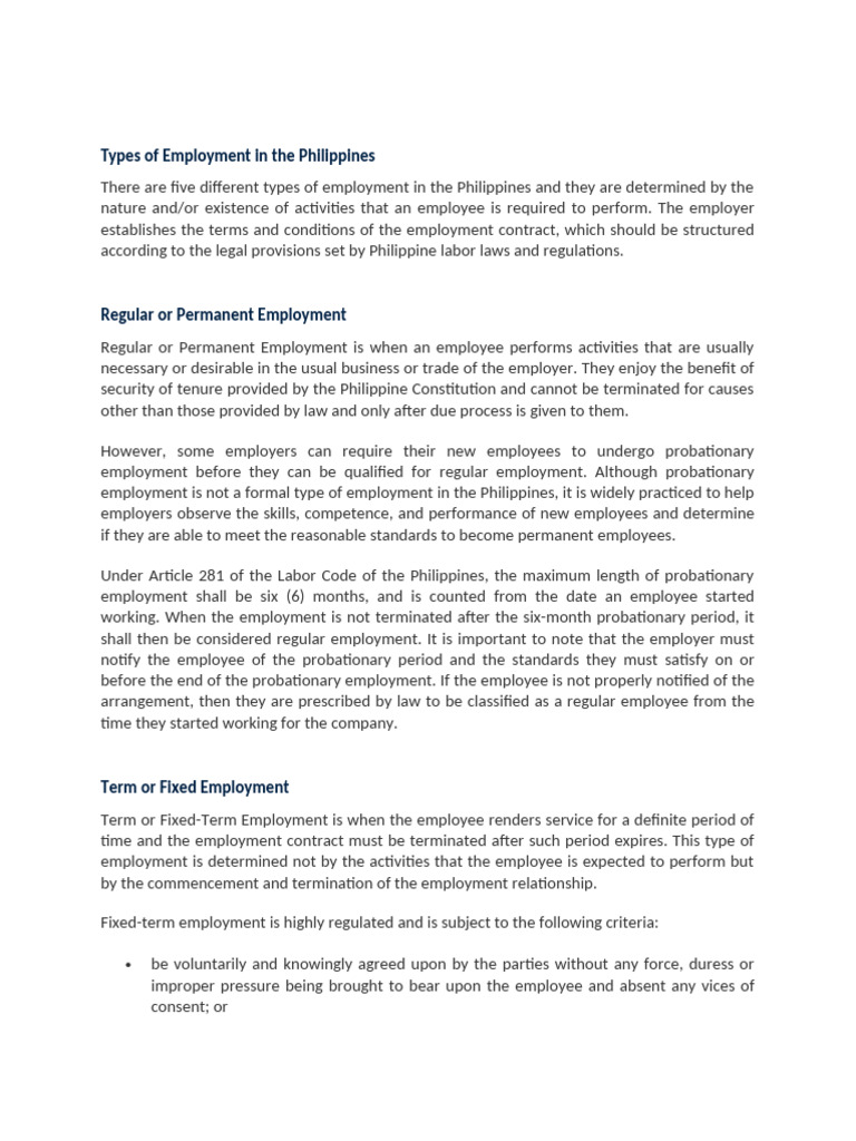 Types of Employment in The Philippines | PDF