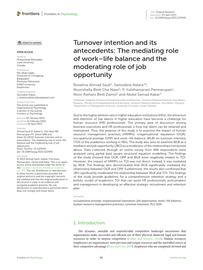 Turnover Intention and Its Antecedents: The Mediating Role of Work-Life ...