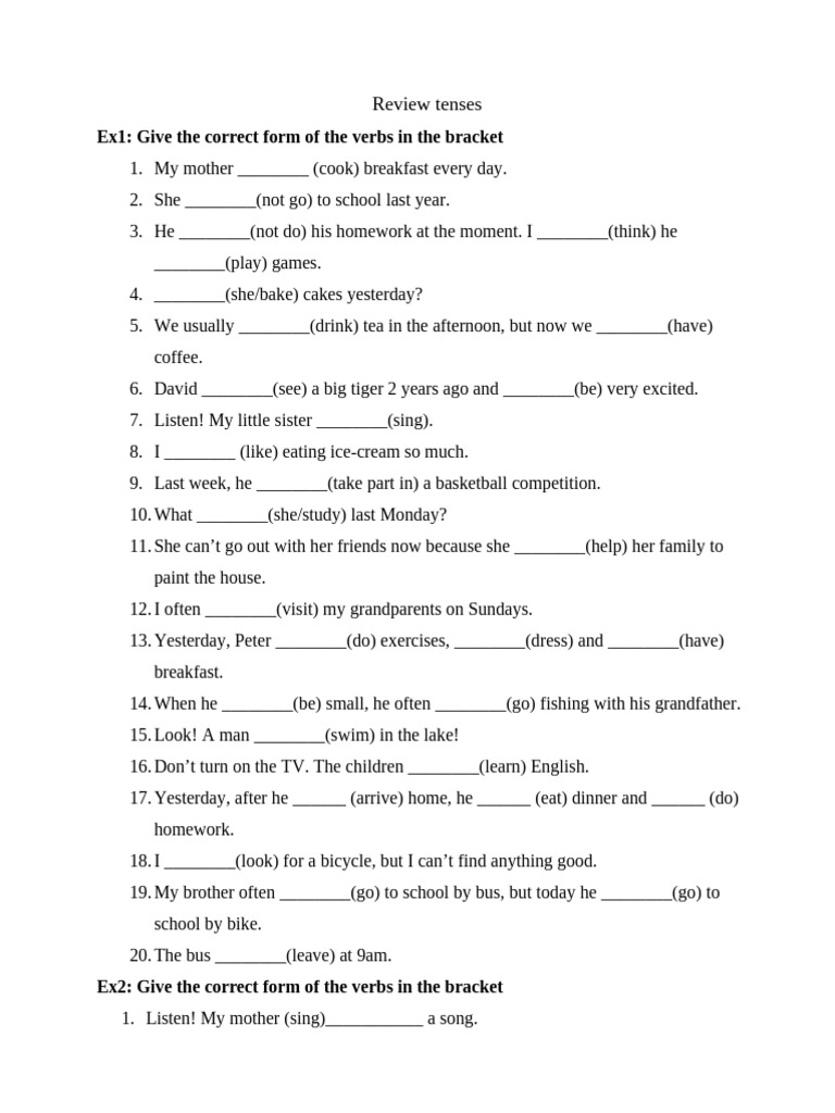 Bài tập ôn tập thì HTĐ HTTD QKĐ,QKTD | PDF