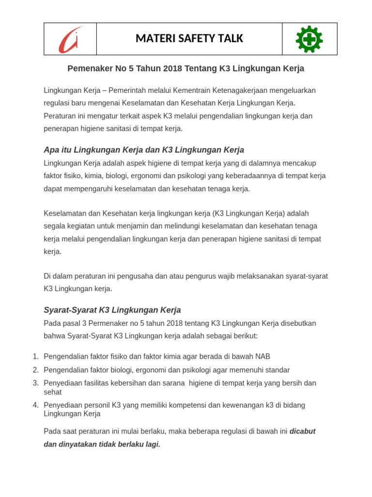 Materi Safety Talk 2024 Pemenaker No 5 Tahun 2018 Tentang K3 Lingkungan ...