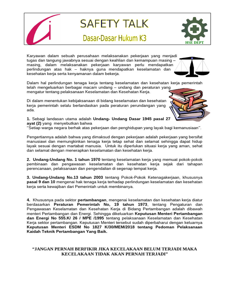 Materi Safety Talk 2024 Topik 02 Dasar Hukum K3.. | PDF | Social ...