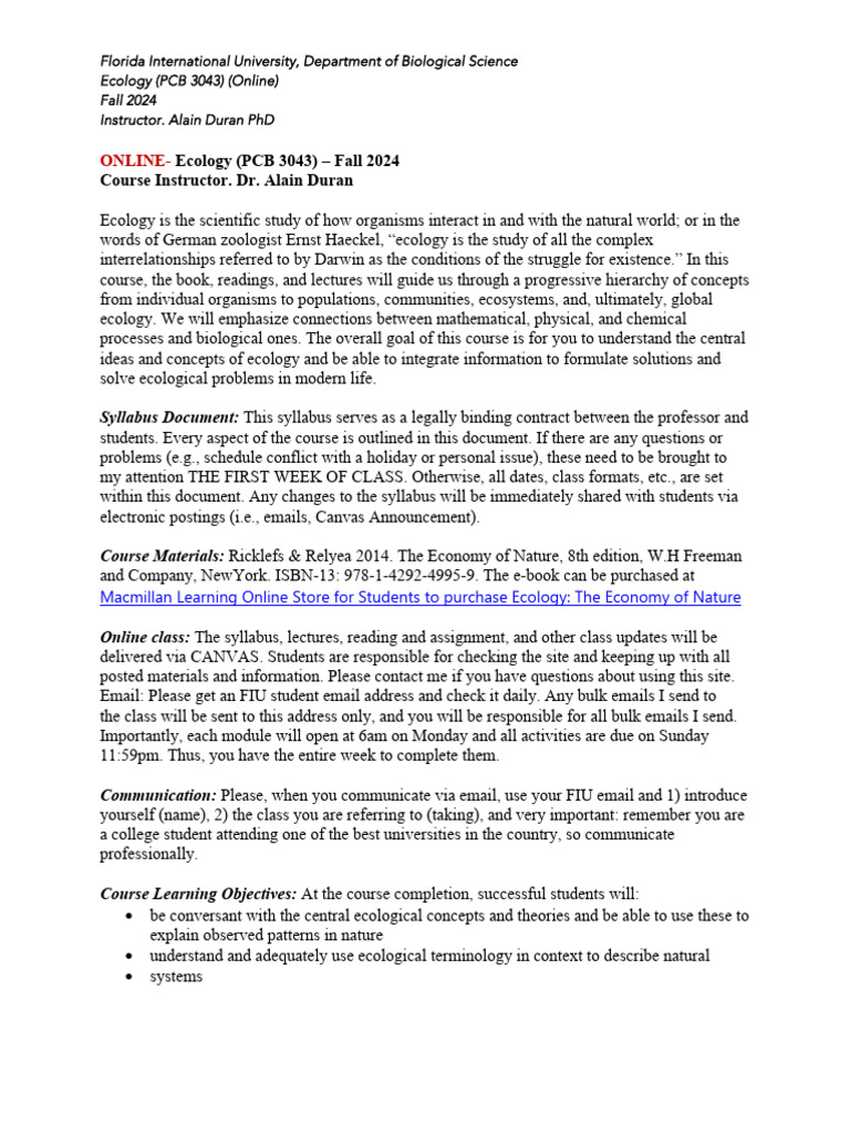 Online Ecology Syllabus Fall 2024 | PDF