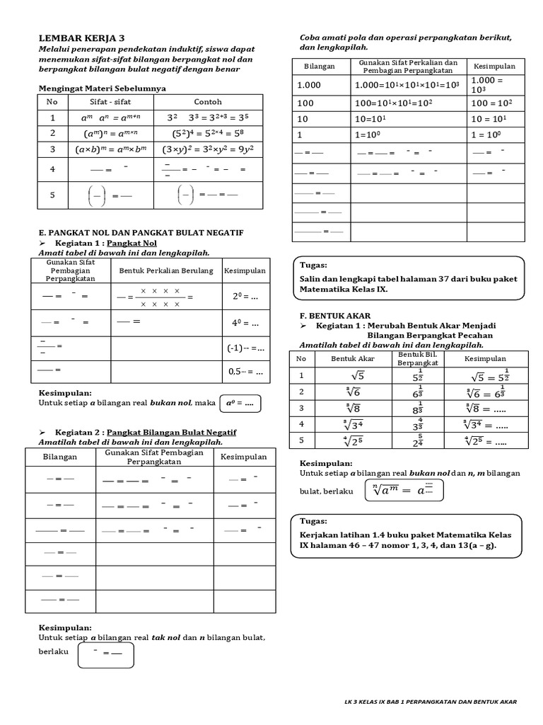 LK Iii Bab I Perpangkatan Dan Bentuk Akar (Revisi 2021) | PDF