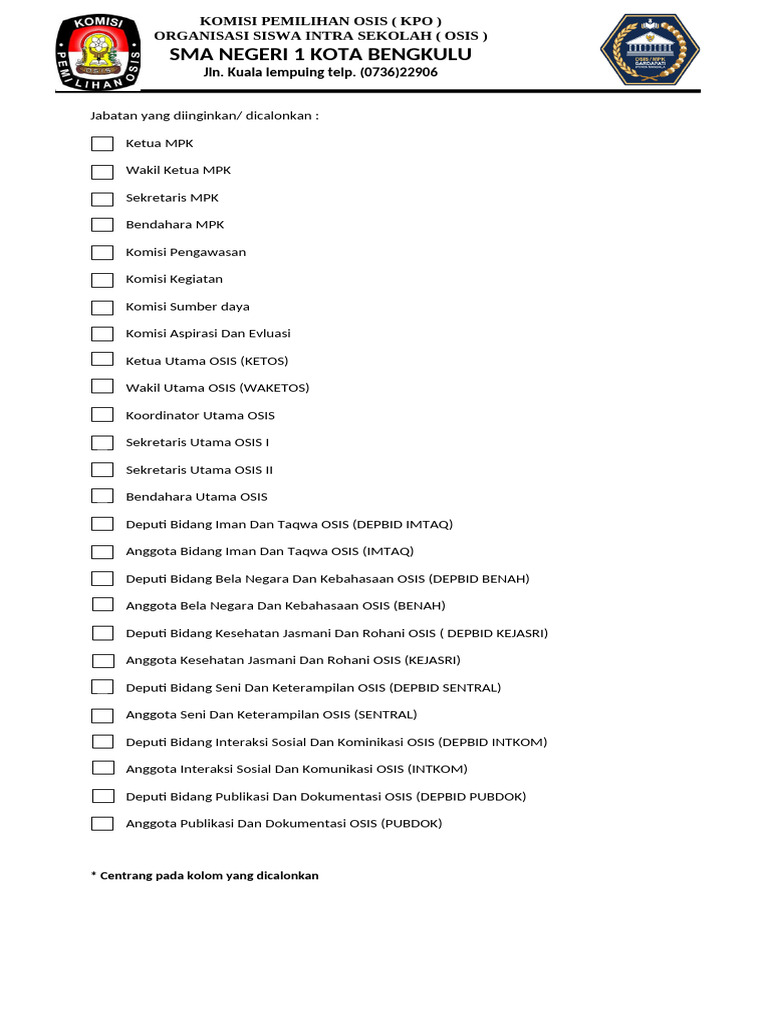 FORMULIR PENDAFTARAN PENGURUS OSIS- MPK | PDF