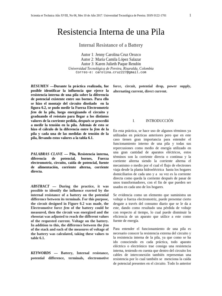Resistencia Interna de una Pila | PDF | Resistencia Eléctrica y ...