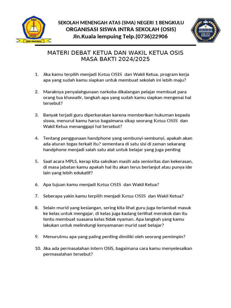 Materi Debat Ketua Dan Wakil Ketua Osis 2024 | PDF