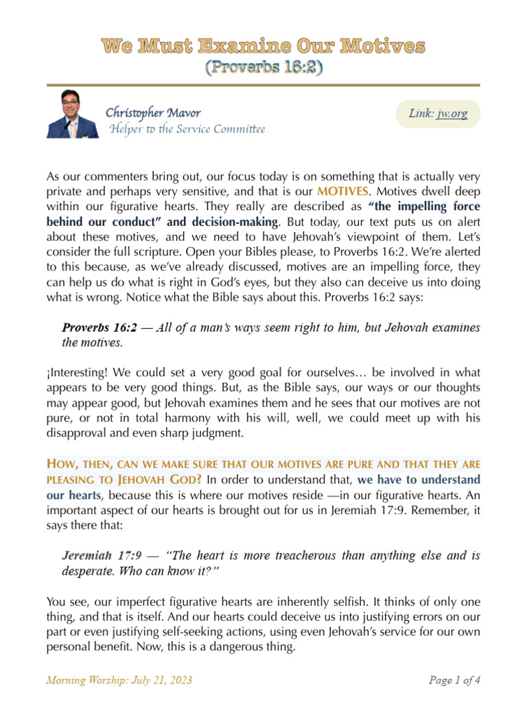 We Must Examine Our Motives (Proverbs 16-2), Christopher Mavor | PDF