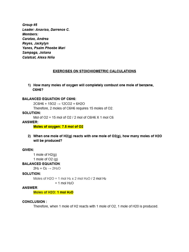 Exercises On Stoichiometric Calculations | PDF