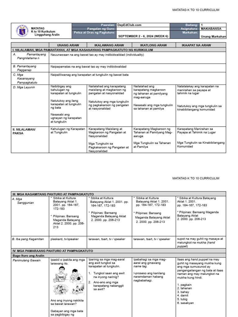 DLL Matatag - Makabansa 1 - Q1 - W6 | PDF