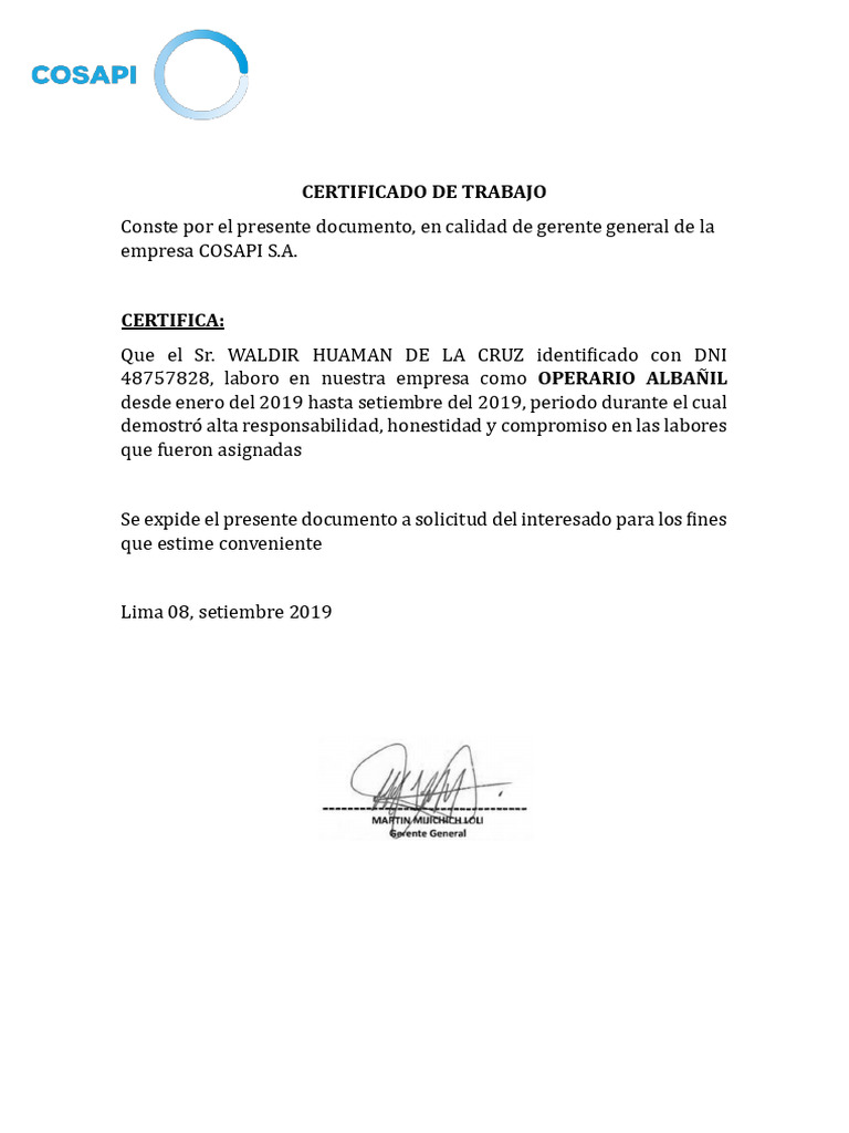 Certificado de Trabajo Cosapi | PDF