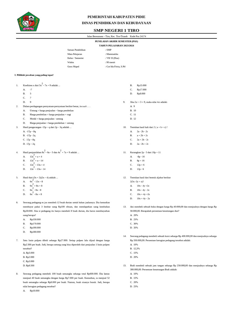 Soal Ujian Semester 2 Kelas VII Kurmer | PDF