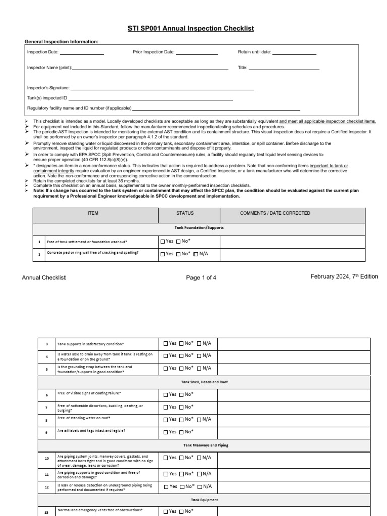 STI SP001 Annual Inspection Checklist 7th Edition | PDF