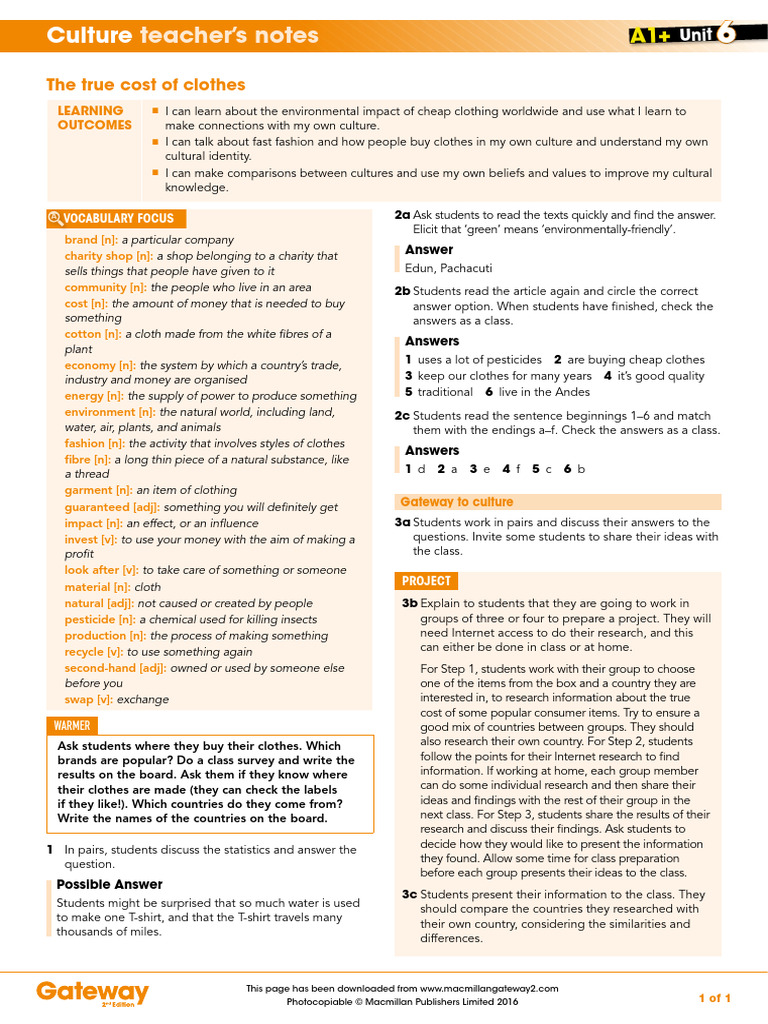 A1+ UNIT 6 Culture Teacher's Notes | PDF