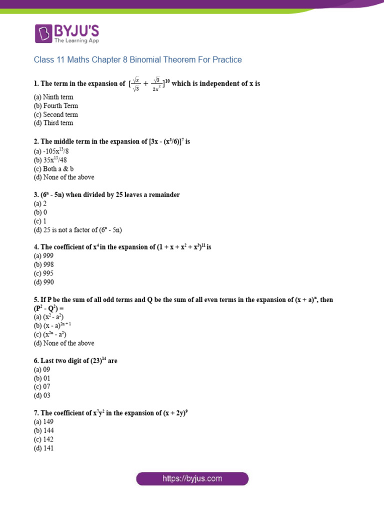 Class 11 Maths Chapter 8 Binomial Theorem MCQs | PDF