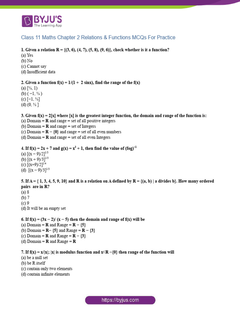 Class 11 Maths Chapter 2 Relations Functions MCQs | PDF | Teaching Methods & Materials | Science ...