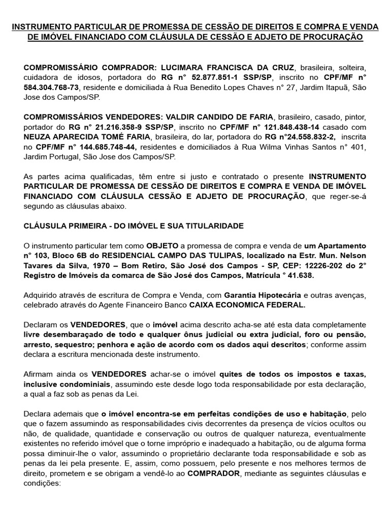 Instrumento Particular De Promessa De Cessão De Direitos E Compra E