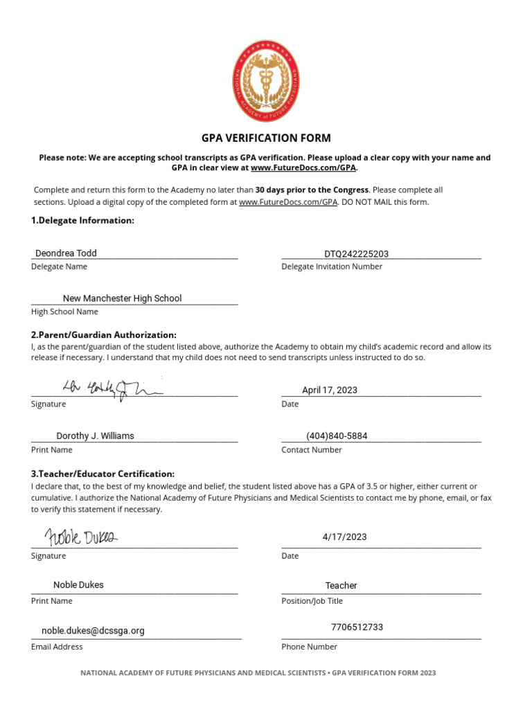 MED 2023 GPA Verification Form | PDF