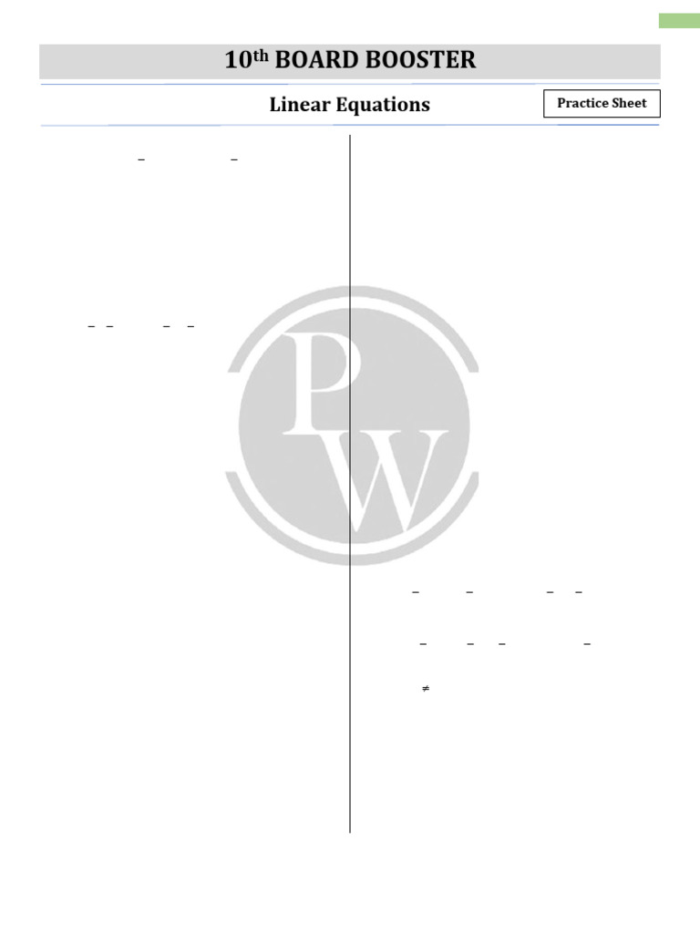 Maths 03 Pair of Linear Equations in Two Variables Practice Sheet 10th Board Booster ...