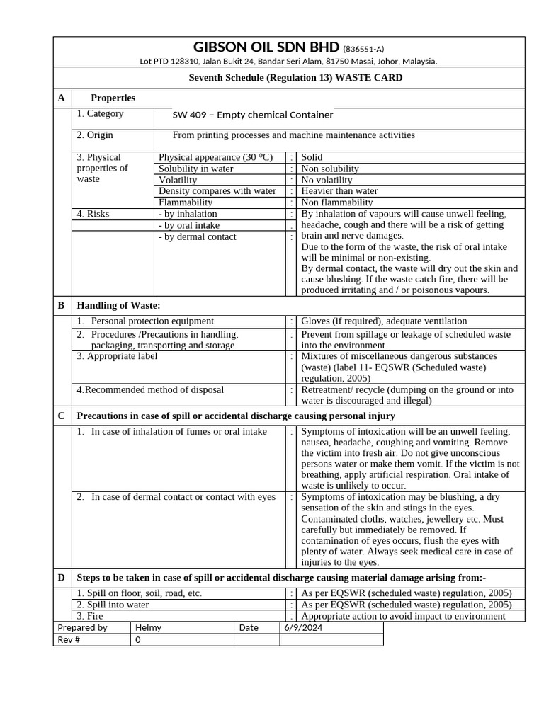 SW409 Disposed Containers, Bags or Equipment Contaminated With ...