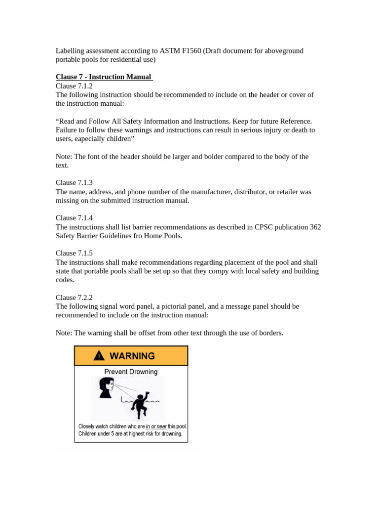 Labelling Assessment According To ASTM F1560 Swimming Pool (Draft ...