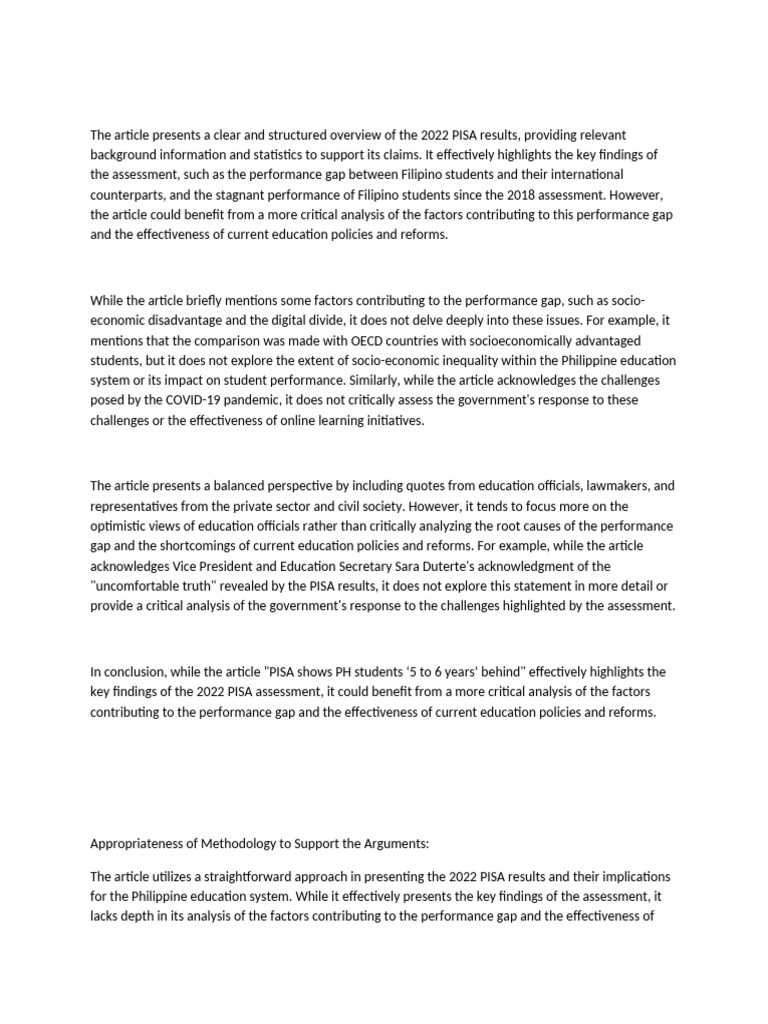 The Article Presents A Clear and Structured Overview of The 2022 PISA ...