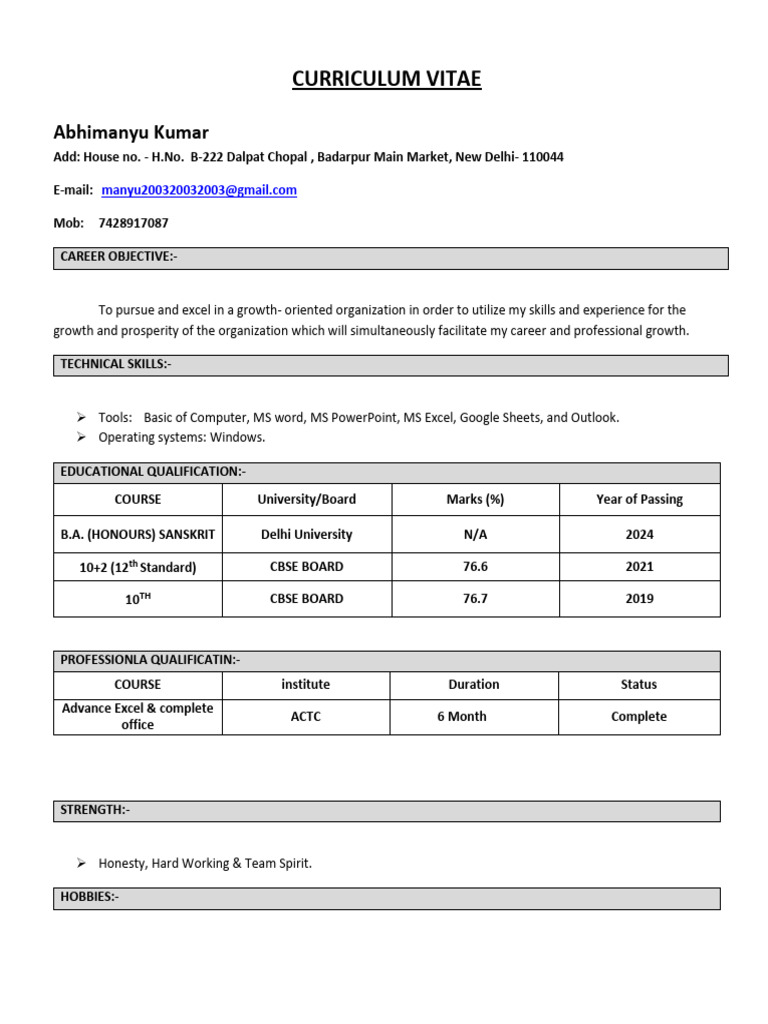 Curriculum Vitae: Abhimanyu Kumar | PDF