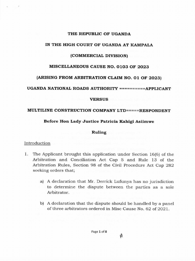 Uganda National Roads Authority V Multiline Construction Company ...