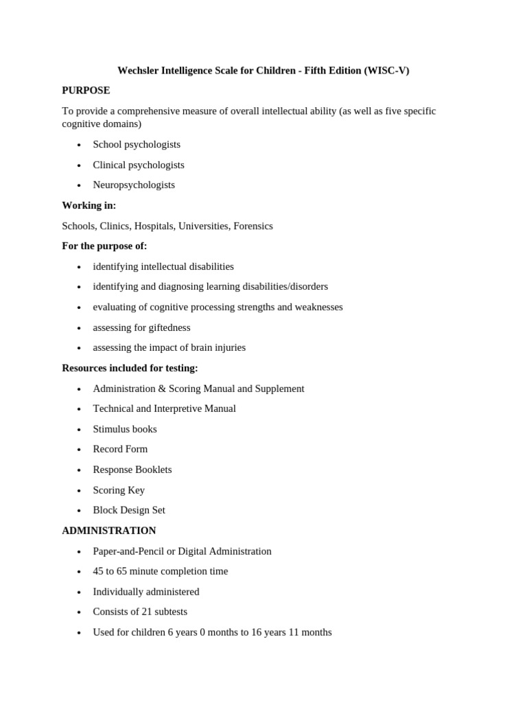 Wechsler Intelligence Scale For Children Final Exam | PDF