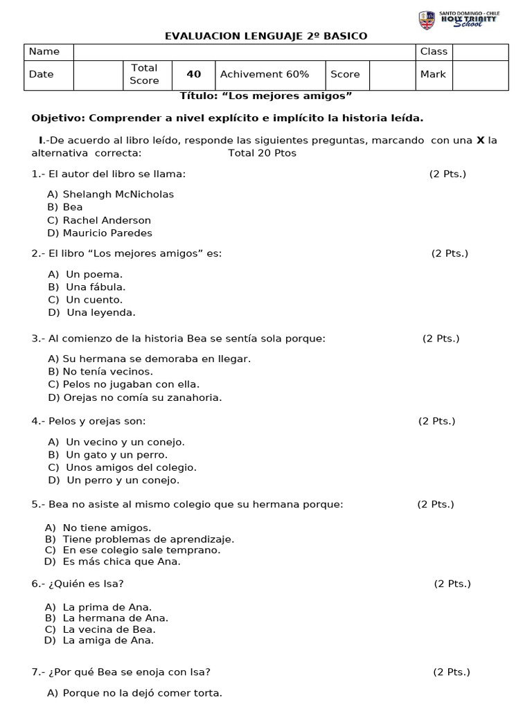 2ºB Prueba Plan Lector Los Mejores Amigos | PDF