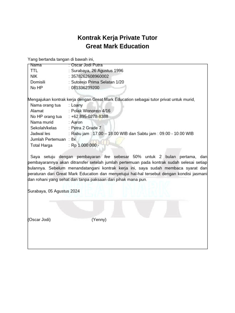 Kontrak Kerja Oscar Private Tutor | PDF
