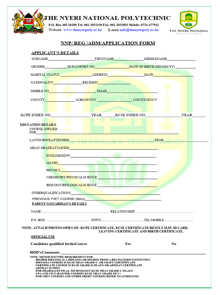 Application Form For Nyeri National Polytechnic | PDF | Qualifications ...
