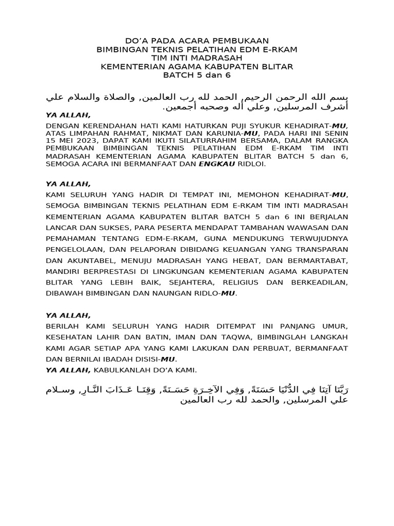 Do'a Pembukaan Bimtek | PDF