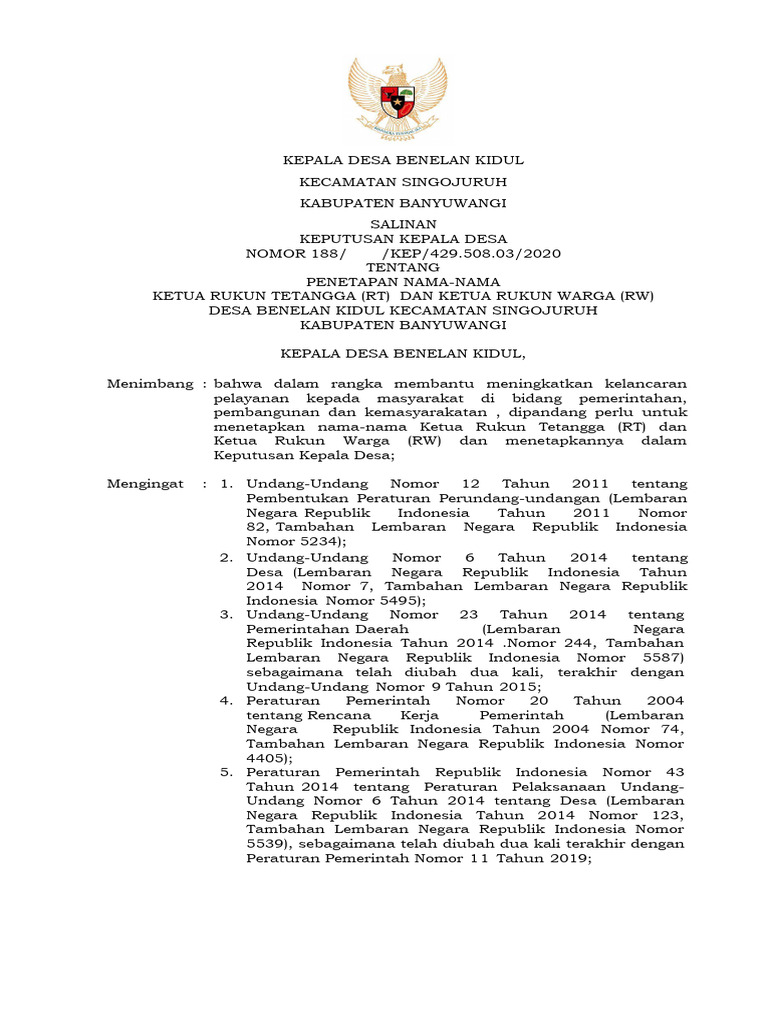 SK KADES Tentang Nama-Nama Ketua RTRW 2020 Terbaru | PDF