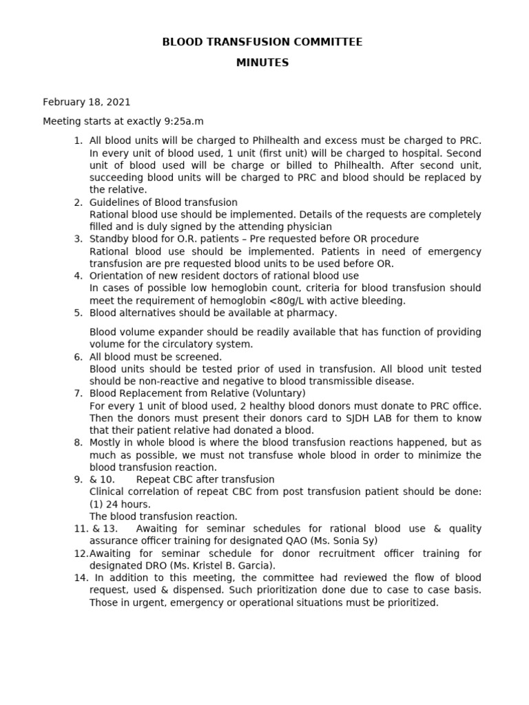 Blood Transfusion Committee Minutes | PDF