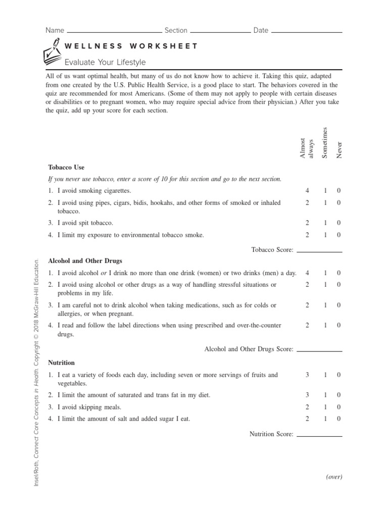 Evaluate Your Lifestyle Sleep Wellness Worksheet | PDF