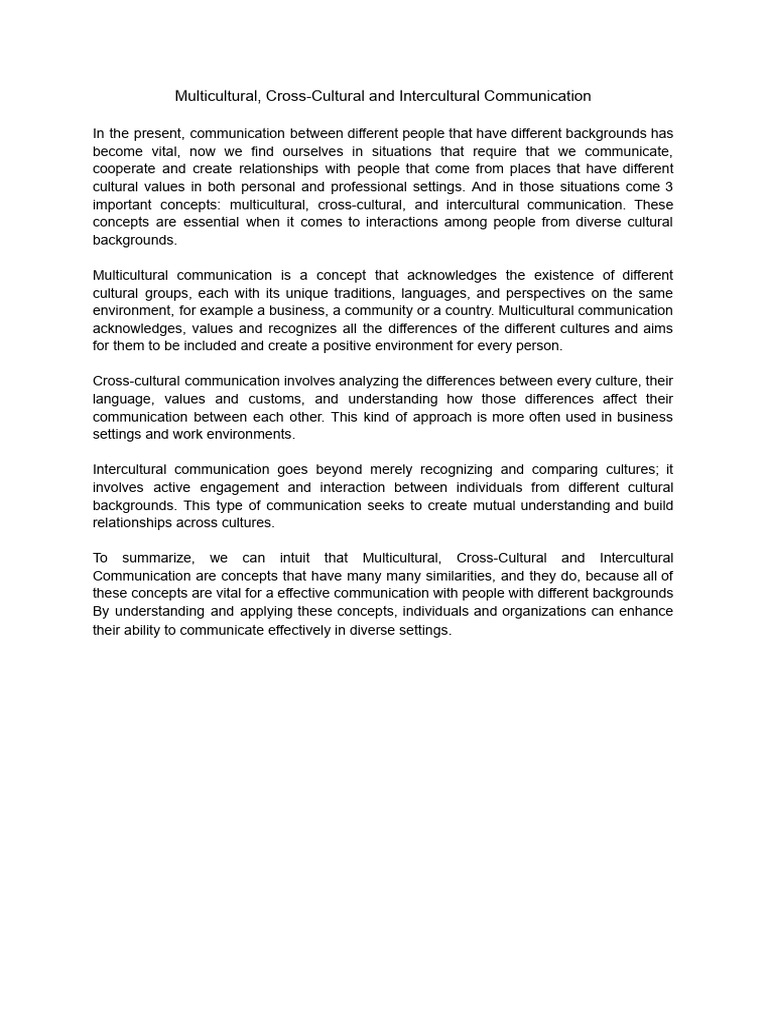 Multicultural, Cross-Cultural and Intercultural Communication | PDF