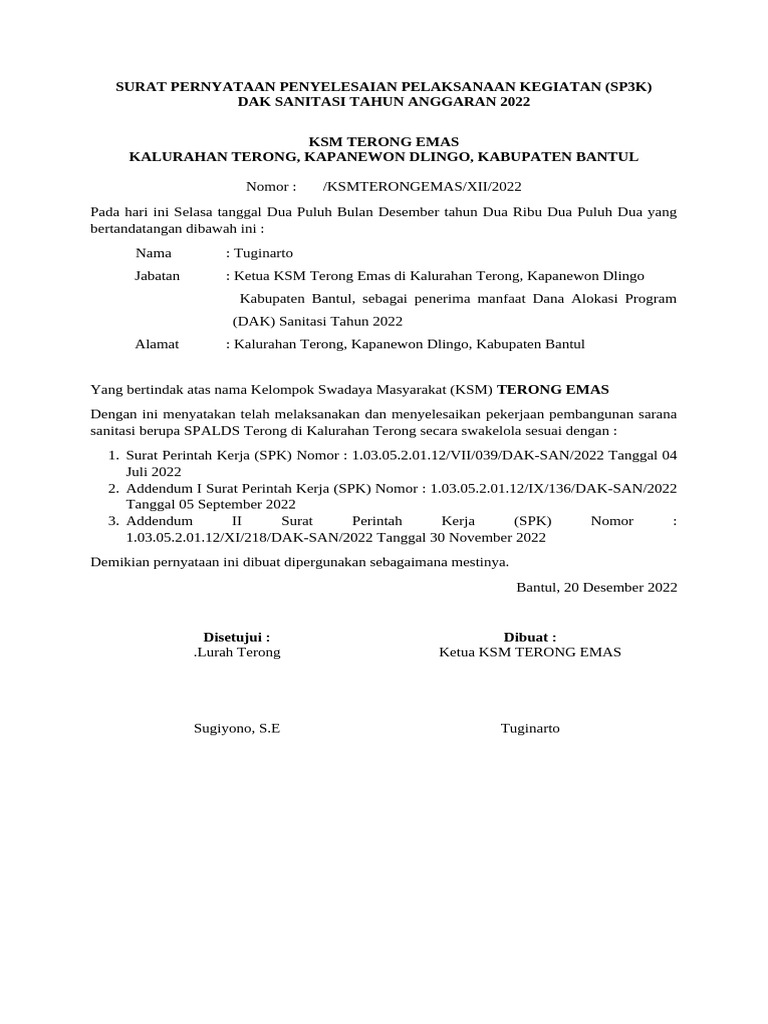 (SP3K) - TR Surat Pernyataan Penyelesaian Pelaksanaan Kegiatan | PDF