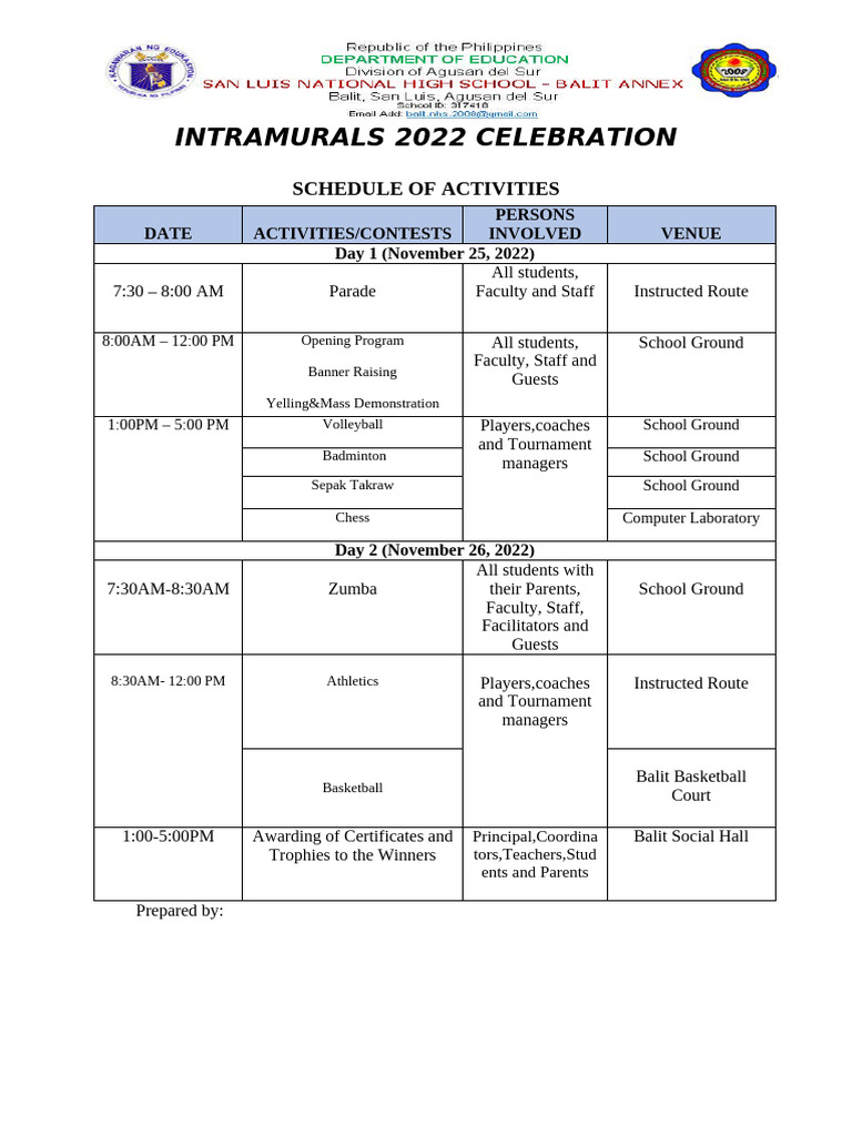 Intramurals Schedule of Activities.2018 | PDF | Sports