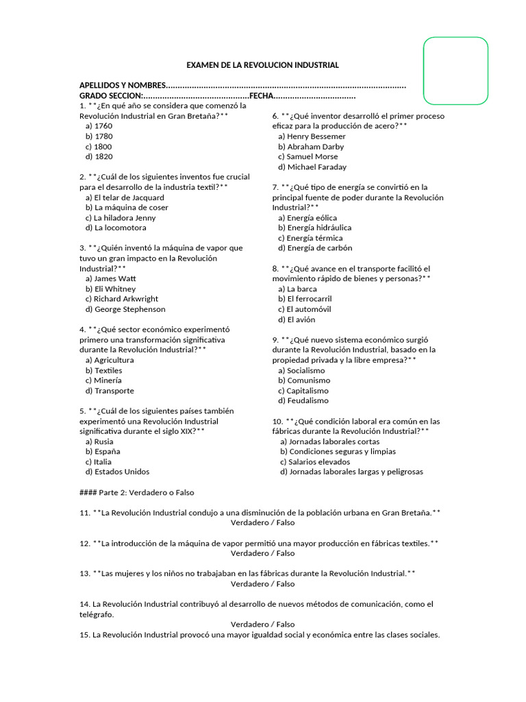 Examen de La Revolucion Industrial | PDF