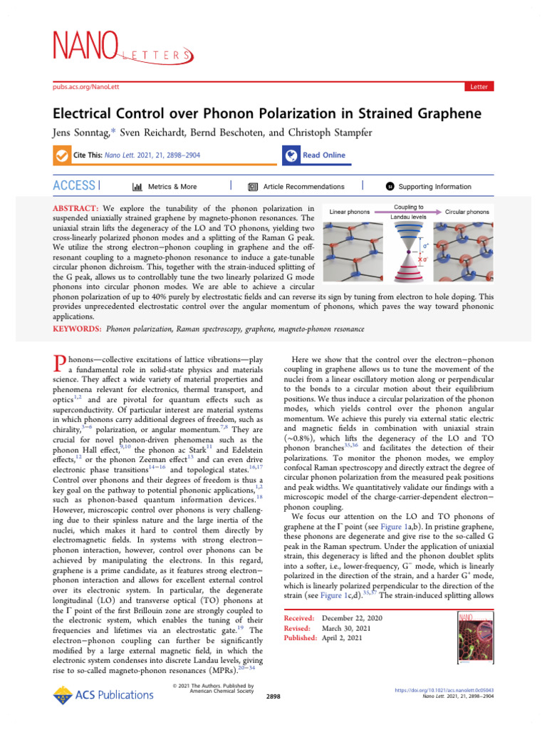 Sonntag Et Al 2021 Electrical Control Over Phonon Polarization in Strained Graphene | PDF