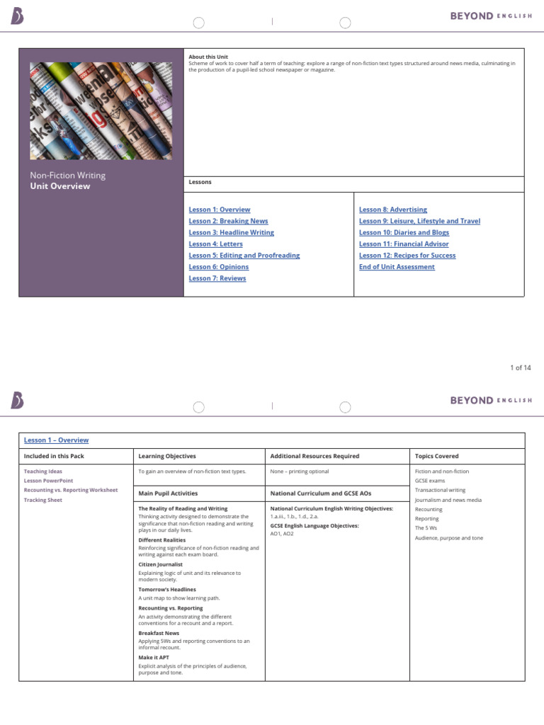 T E 2549873 Non Fiction Writing Unit Overview - Ver - 3 | PDF