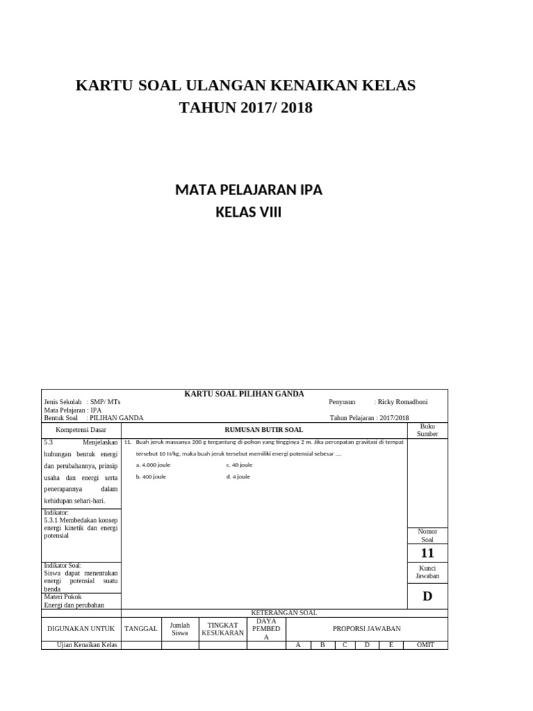 KD 5.3 Dan 6.4 Kartu Soal UKK 8 MGMP IPA Ricky | PDF