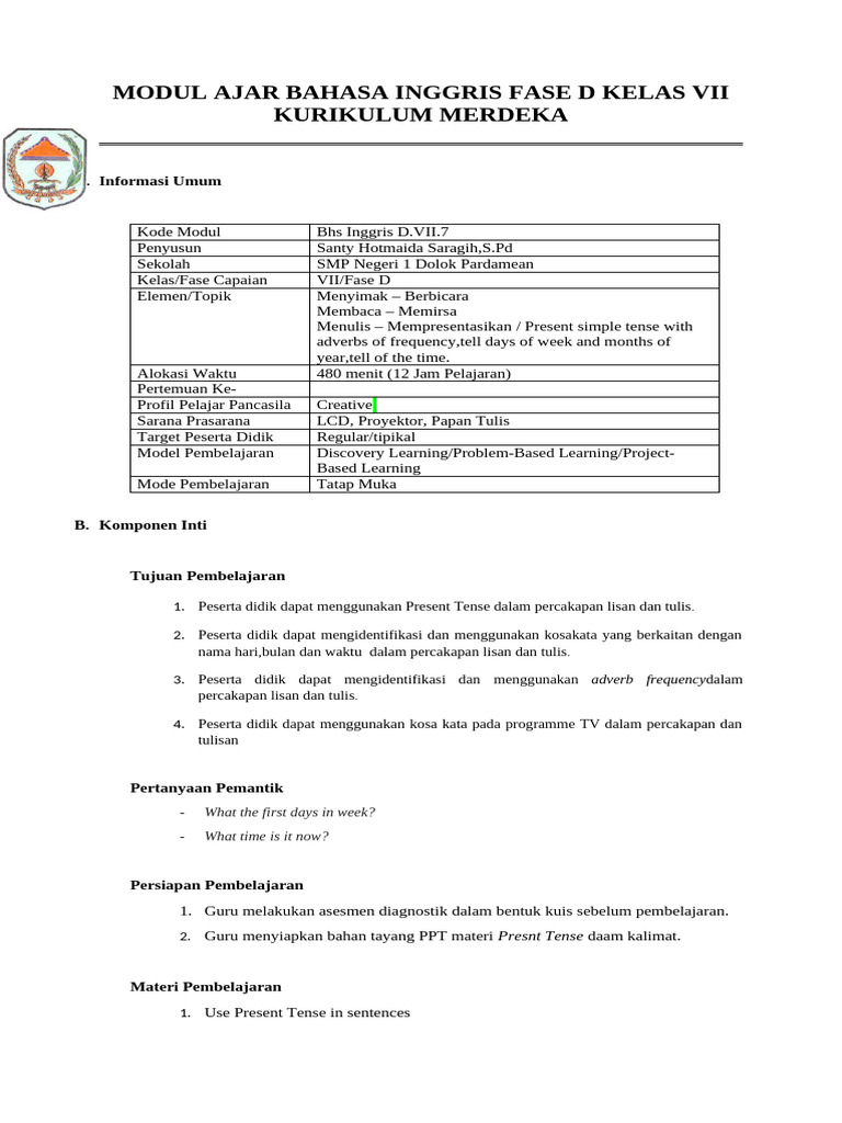 Modul Ajar B Inggris Bab 5 SMP Grade Vii Santy | PDF