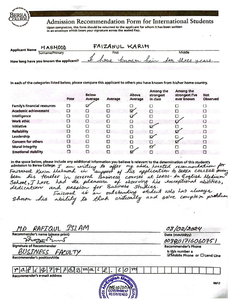 Admission Recommendation Form | PDF
