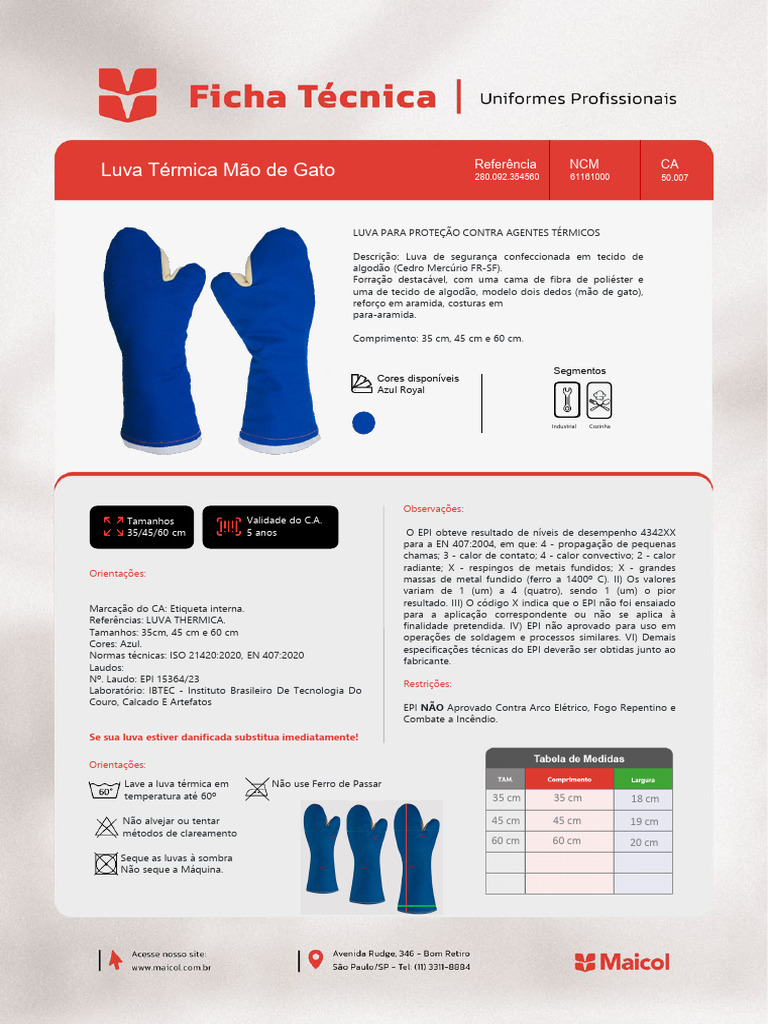 Ficha Técnica Luva Termica | PDF