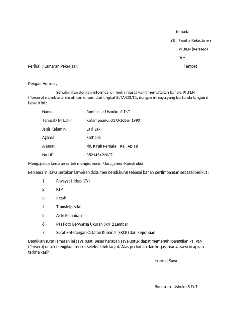 Contoh Lamaran PT - PLN | PDF